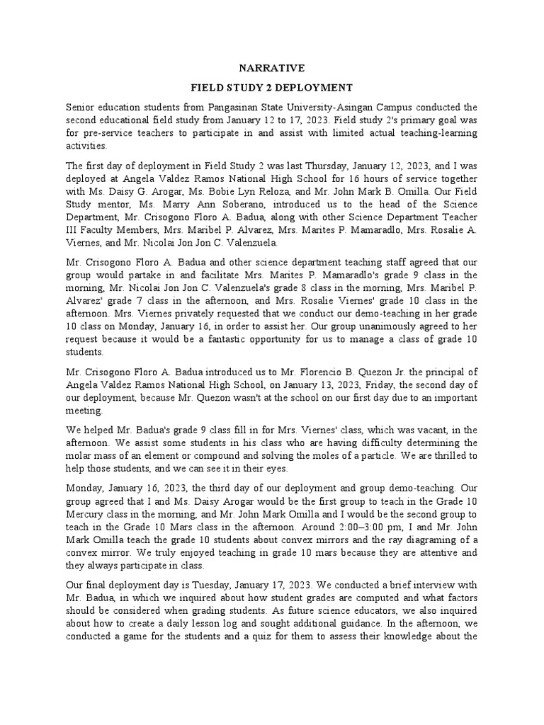 Narrative Report FS2 Deployment - Millano | PDF | Behavior Modification | Learning