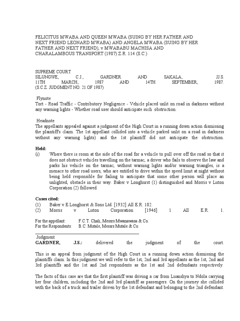 Felicitus Mwaba v. Mwababu Machisa Case | PDF | Negligence | Witness