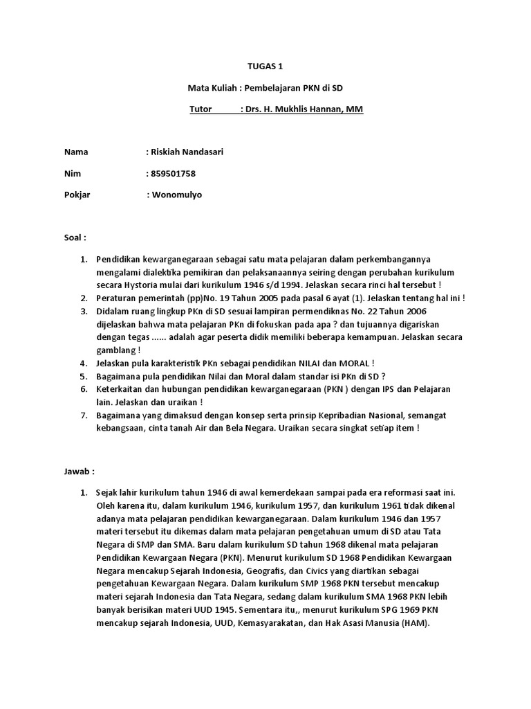 TUGAS 1 Pembelajaran PKN Di SD | PDF | Sains & Matematika