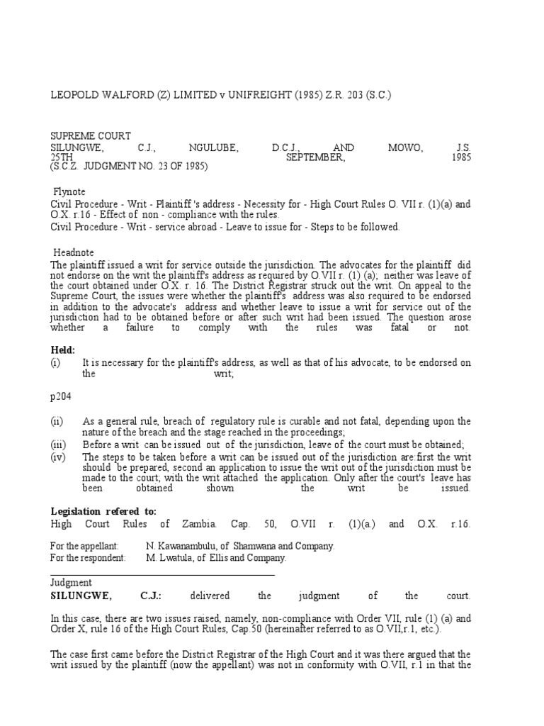 Leopald Walford (Zambia) Limited V Unifreight (1985) ZR 203 | PDF ... Leopald Walford (Zambia) Limited V Unifreight (1985) ZR 203 | PDF ...