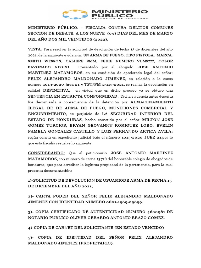 Devolucion de Arma | PDF | Derecho penal | Justicia