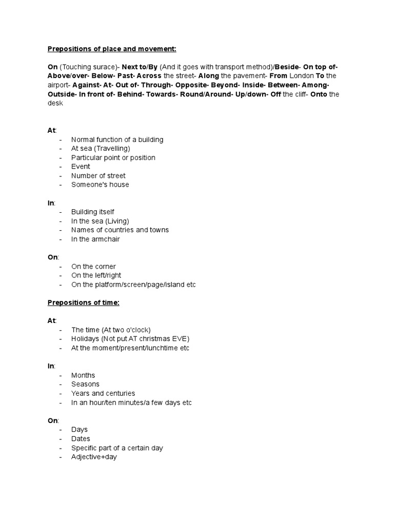 Prepositions of Time and Place | PDF