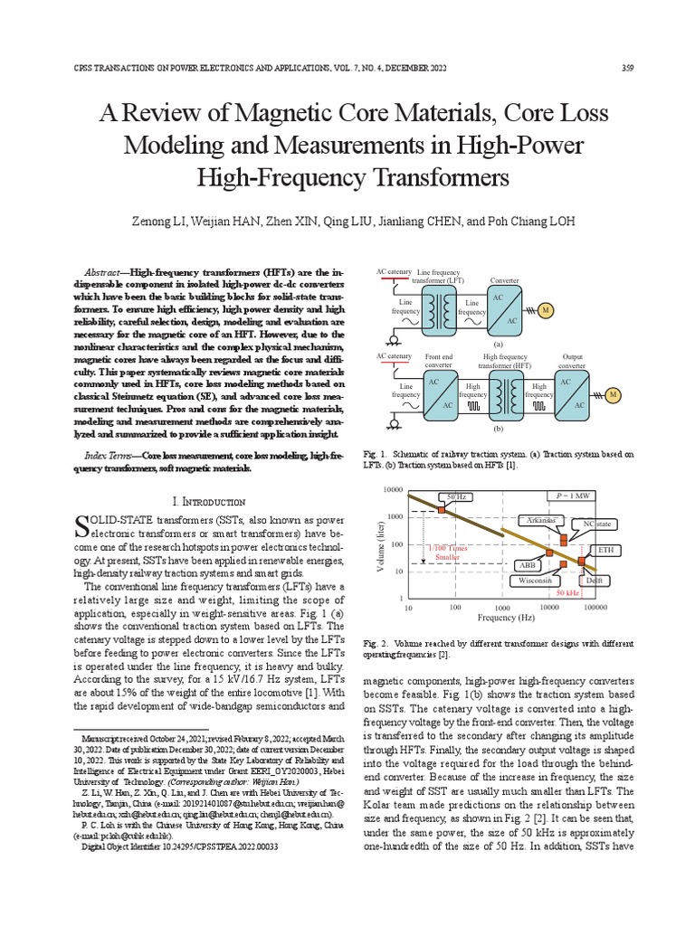 A Review of Magnetic Core Materials Core Loss Modeling and Measurements in High-Power High ...