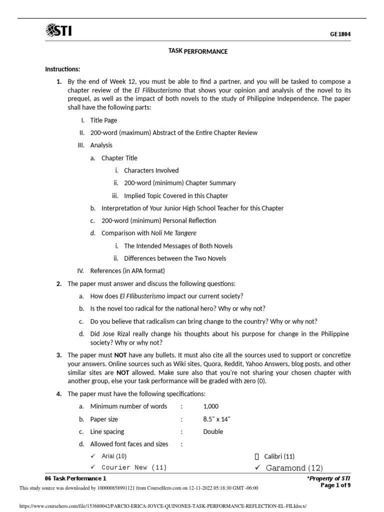 Parcio Erica Joyce Quinones Task Performance Reflection El Fili | PDF