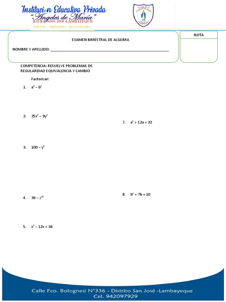 Examen de Algebra-Primer Año Sec | PDF