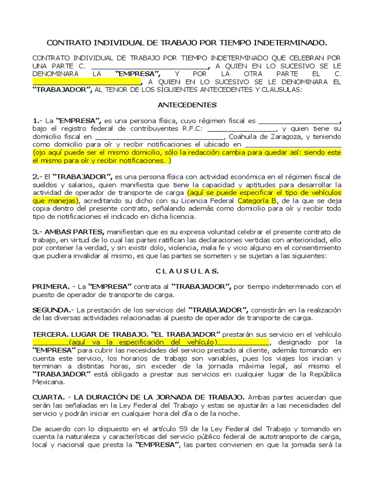 Contrato de Trabajo Indeterminado | PDF | Salario | Estatuto de ...