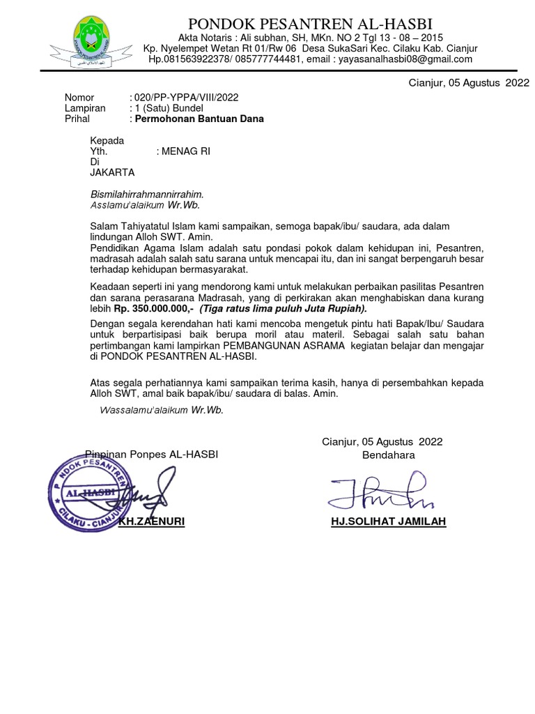 Proposal Pengajuan Bantuan Asrama PP Al-Hasbi 2022 | PDF