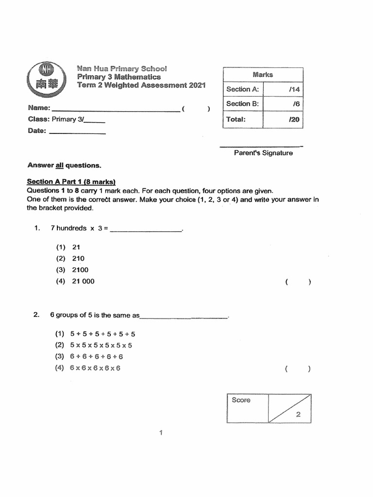 P3 Maths 2021 NanHua WA2 Papers | PDF