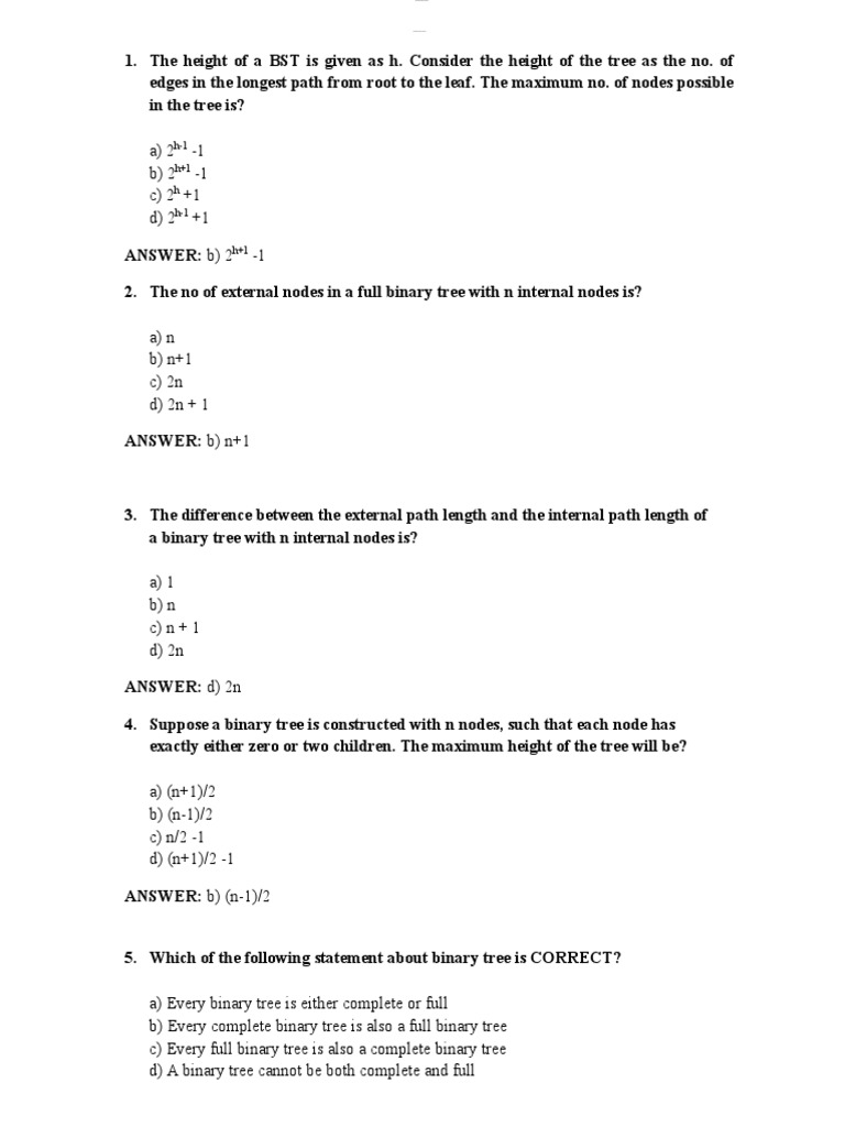 Binary Search Tree And Binary Tree Questions Answers Pdf Algorithms 1084