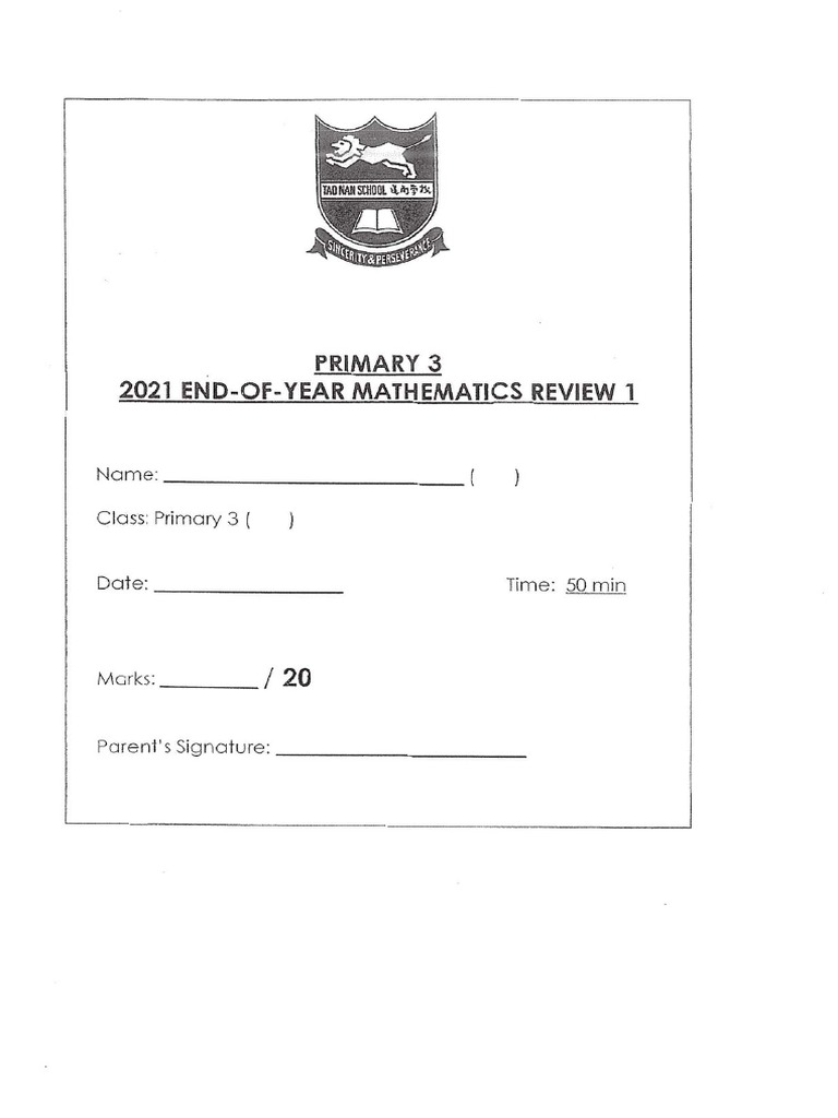P3 Maths 2021 TaoNan EY1 Papers | PDF