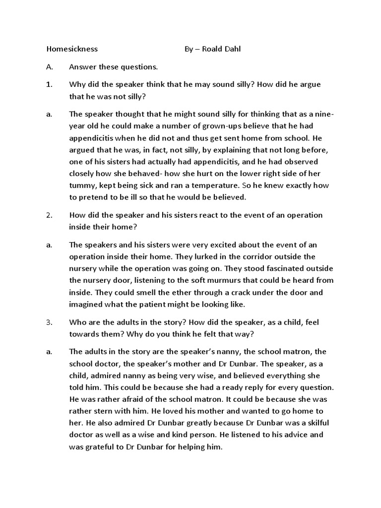Homesickness and Growing Up: Analysis of Roald Dahl's Short Story | PDF