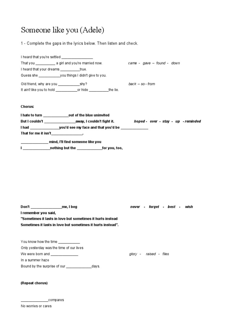 Adele's "Someone Like You" Lyrics Guide | PDF | Linguistics