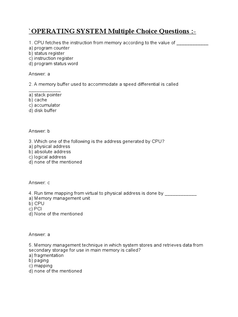Operating System MCQs and Answers | PDF | Computer Data Storage | Operating System