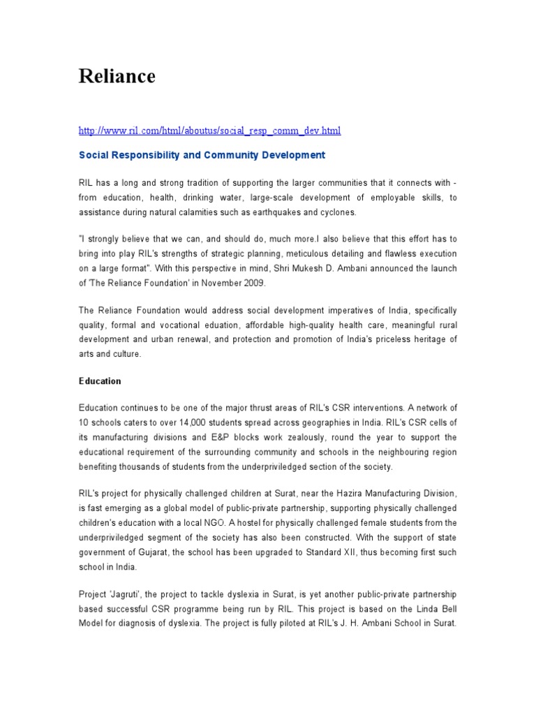 CSR Reliance | Corporate Social Responsibility | Hospital