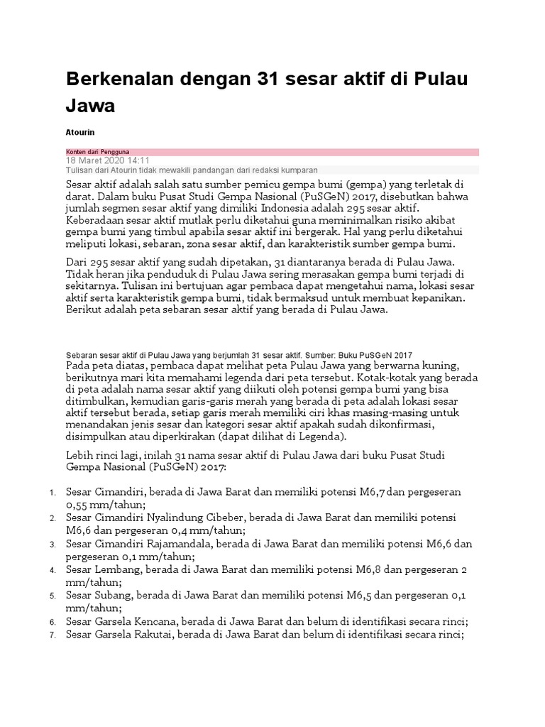 Berkenalan Dengan 31 Sesar Aktif Di Pulau Jawa | PDF