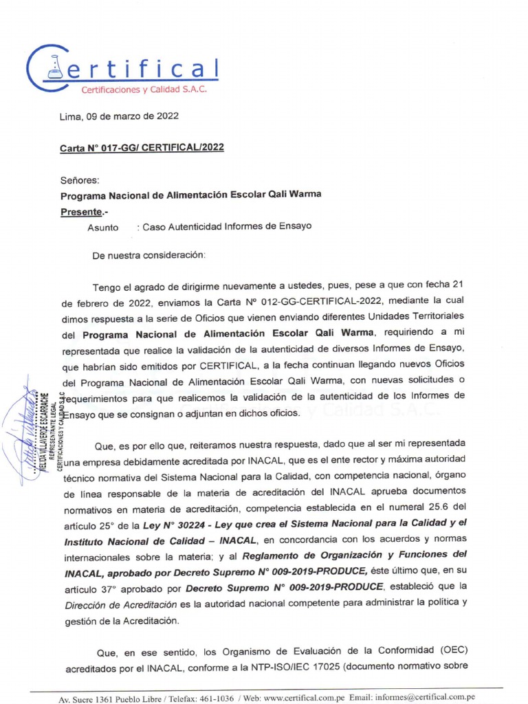 Carta Certificaciones y Calidad Sac | PDF