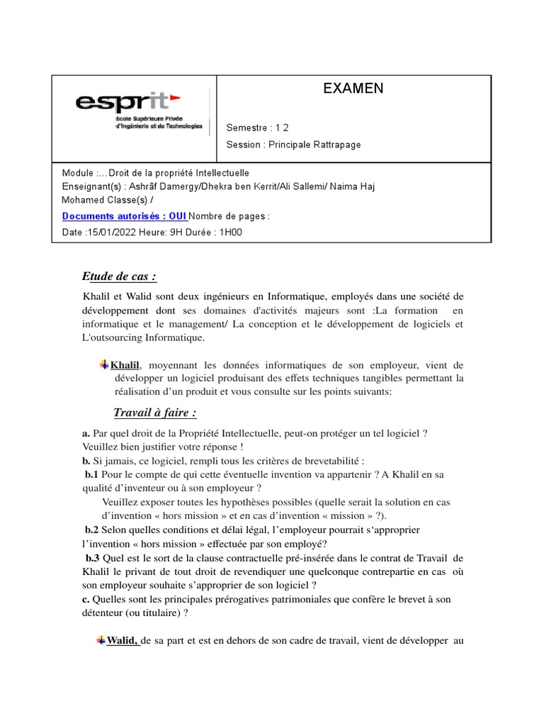 MODELE EXAMEN Cas Pratique | PDF | Propriété intellectuelle | Business