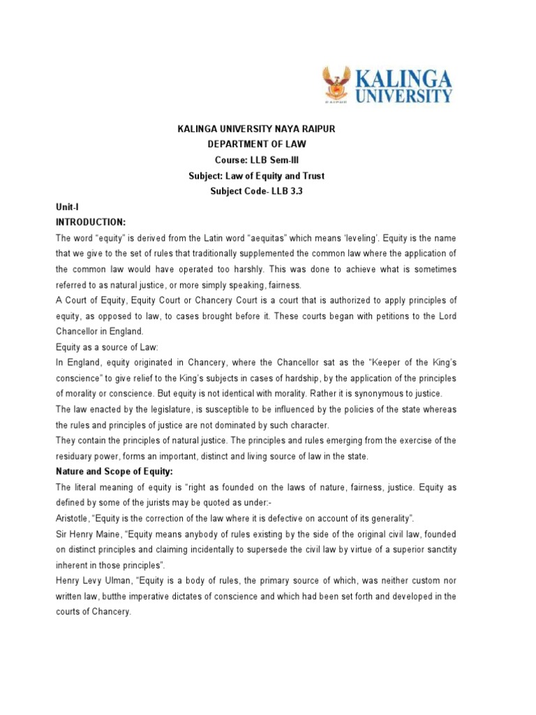 JULY-DEC 2022 LLB 3 SEM V8 LLB3.3 Law of Equity and Trust Unit 1 Notes ...