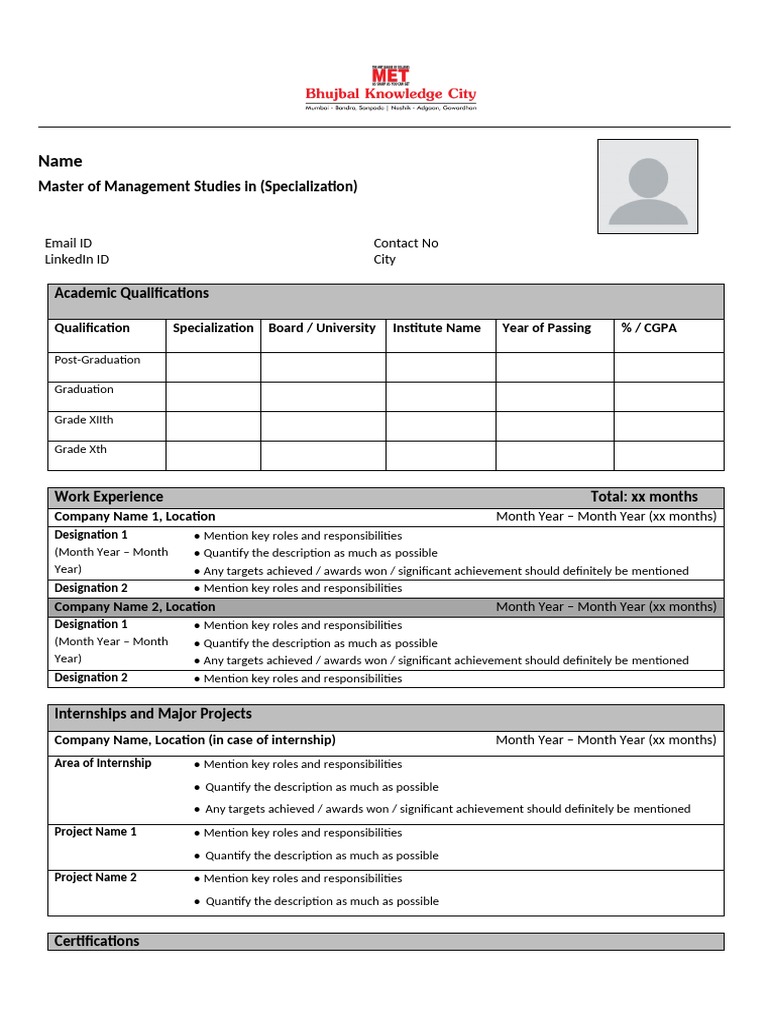 Resume Format - MET | PDF