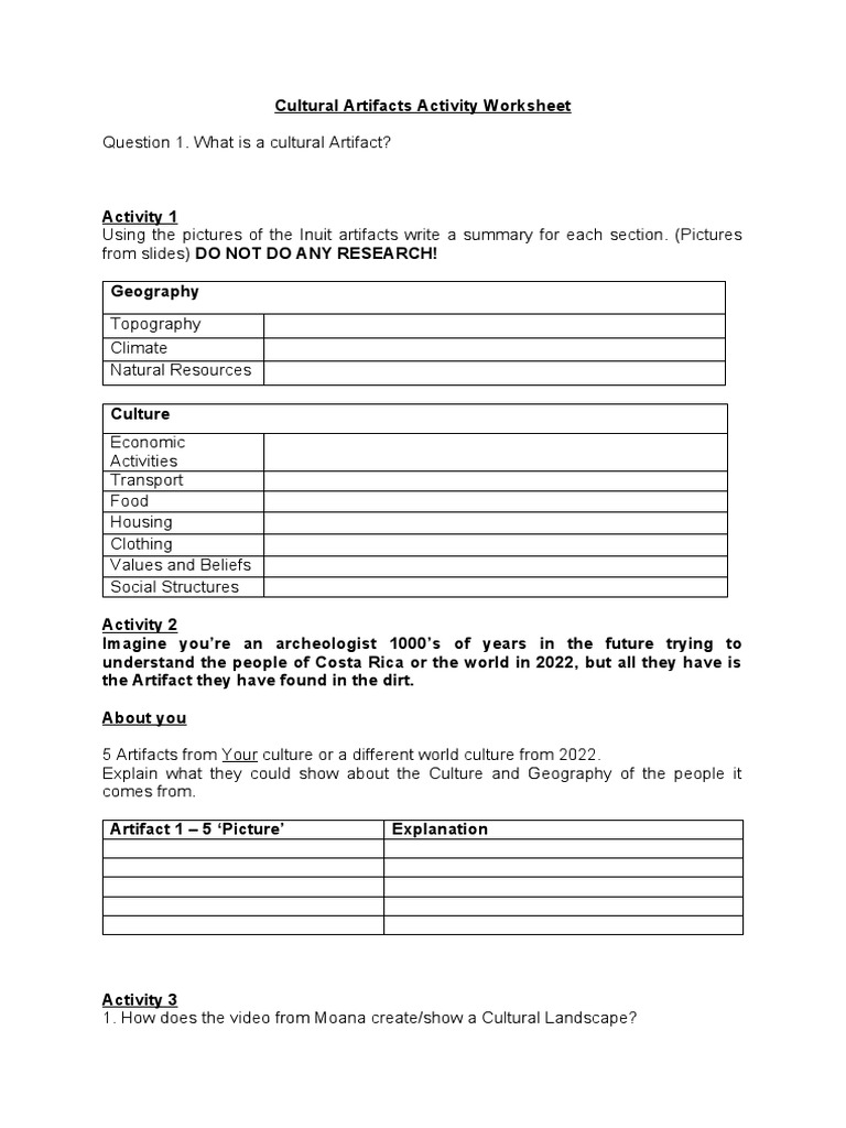Cultural Artifacts Exploration Worksheet | PDF