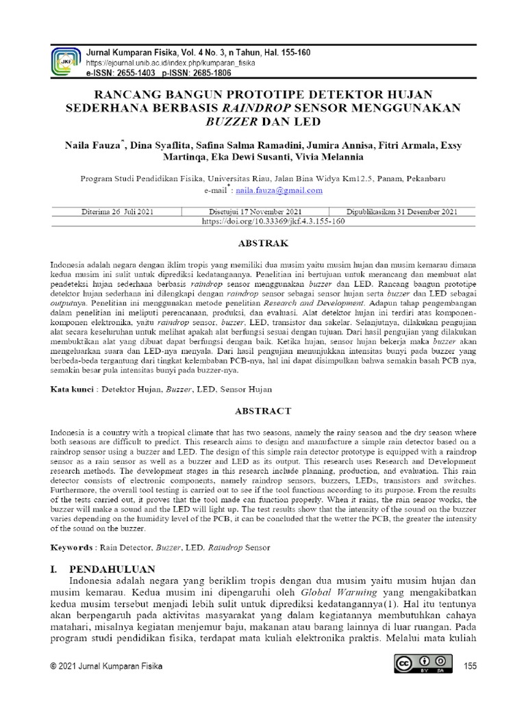 Rancang Bangun Prototipe Detektor Hujan Sederhana Berbasis Raindrop Sensor Menggunakan Buzzer