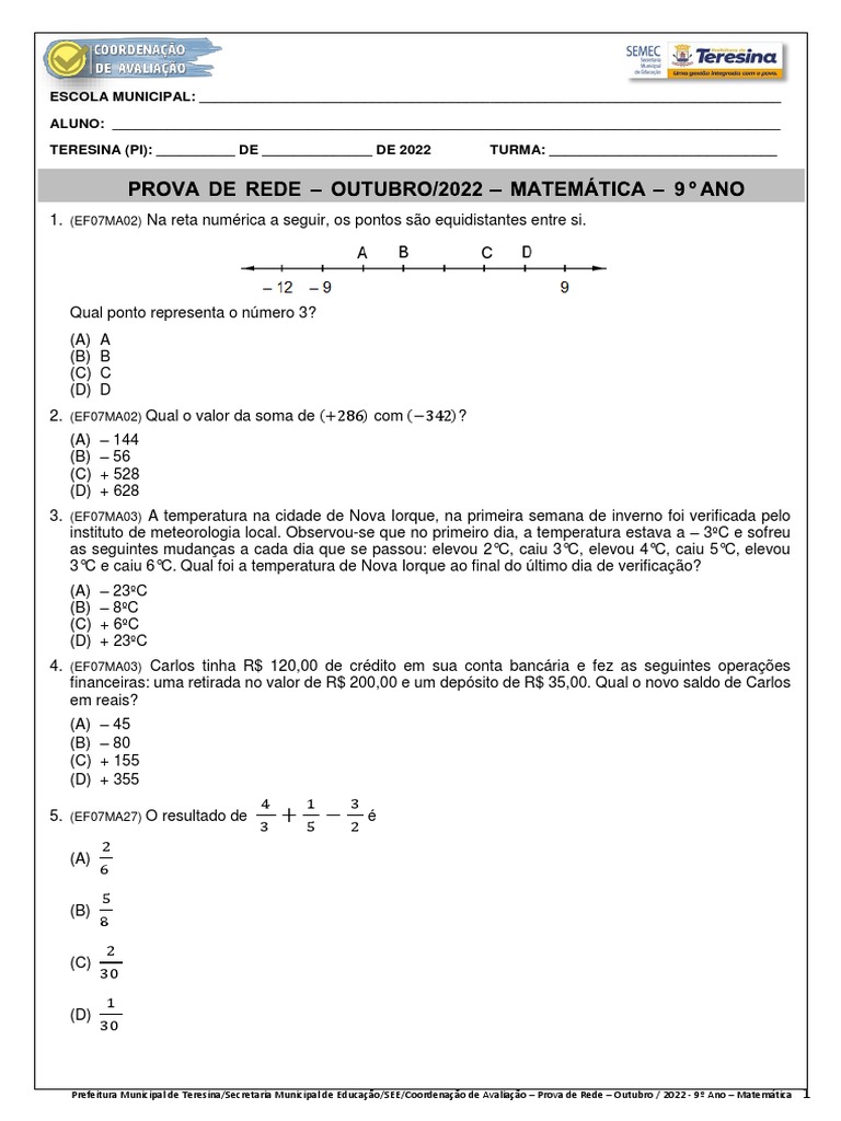 Prova de Rede 9º Ano - Outubro-2022 - Mat Ok | PDF | Matemática