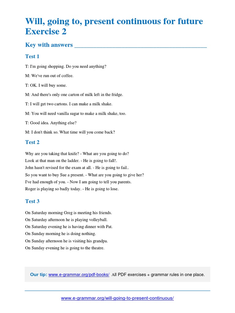 Will Going To Present Continuous Exercise 2 Key | PDF