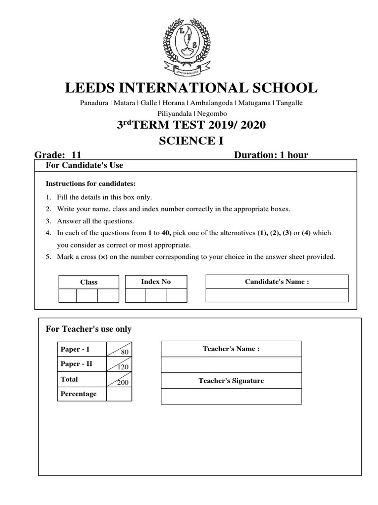 G11 - Third Term Examination (2020) - Leeds International School | PDF | Molecules | Force