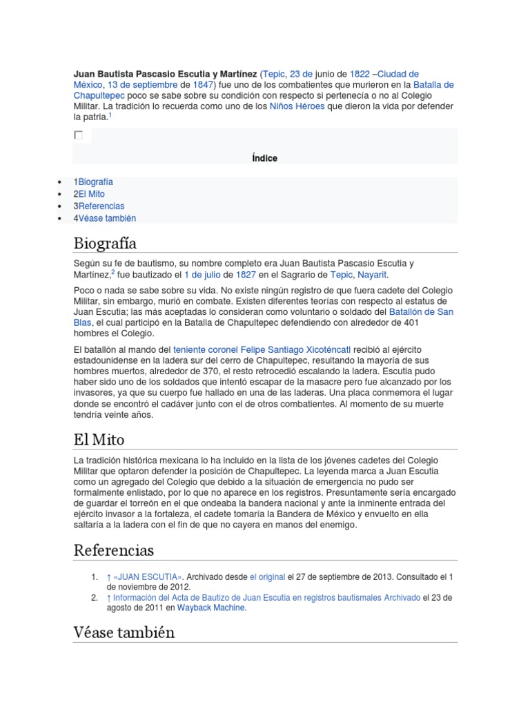 Biografía de Juan Escutia, Niño Héroe | PDF | Batallas | Conflictos