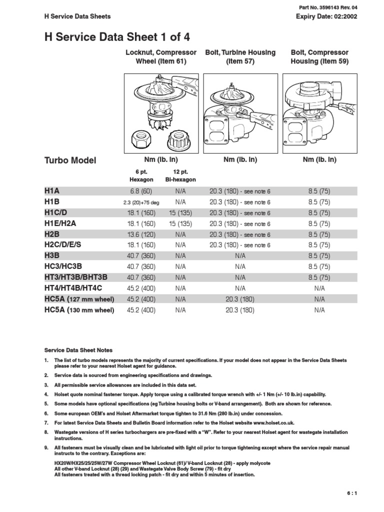 H_Service_Data_Sheet | PDF | Screw | Turbocharger