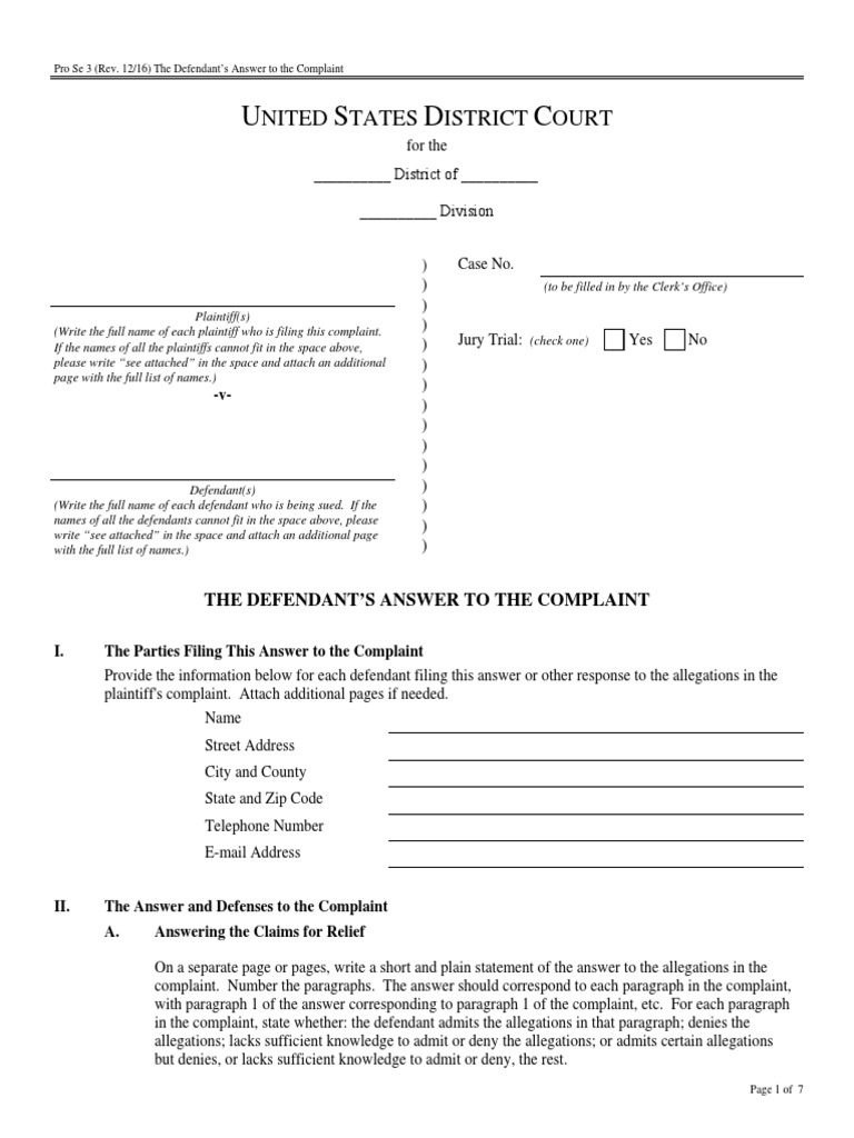 Defendant's Answer to Complaint Template | PDF | Complaint ...