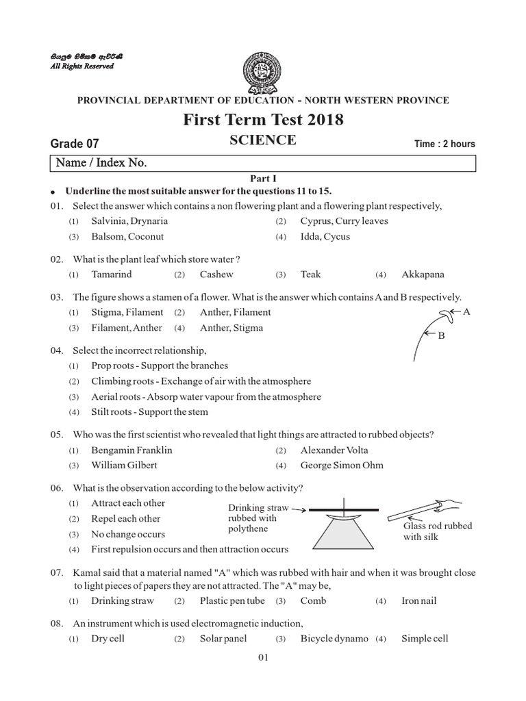 G7 - First Term Examination (2018) - Provincial Department of Education ...