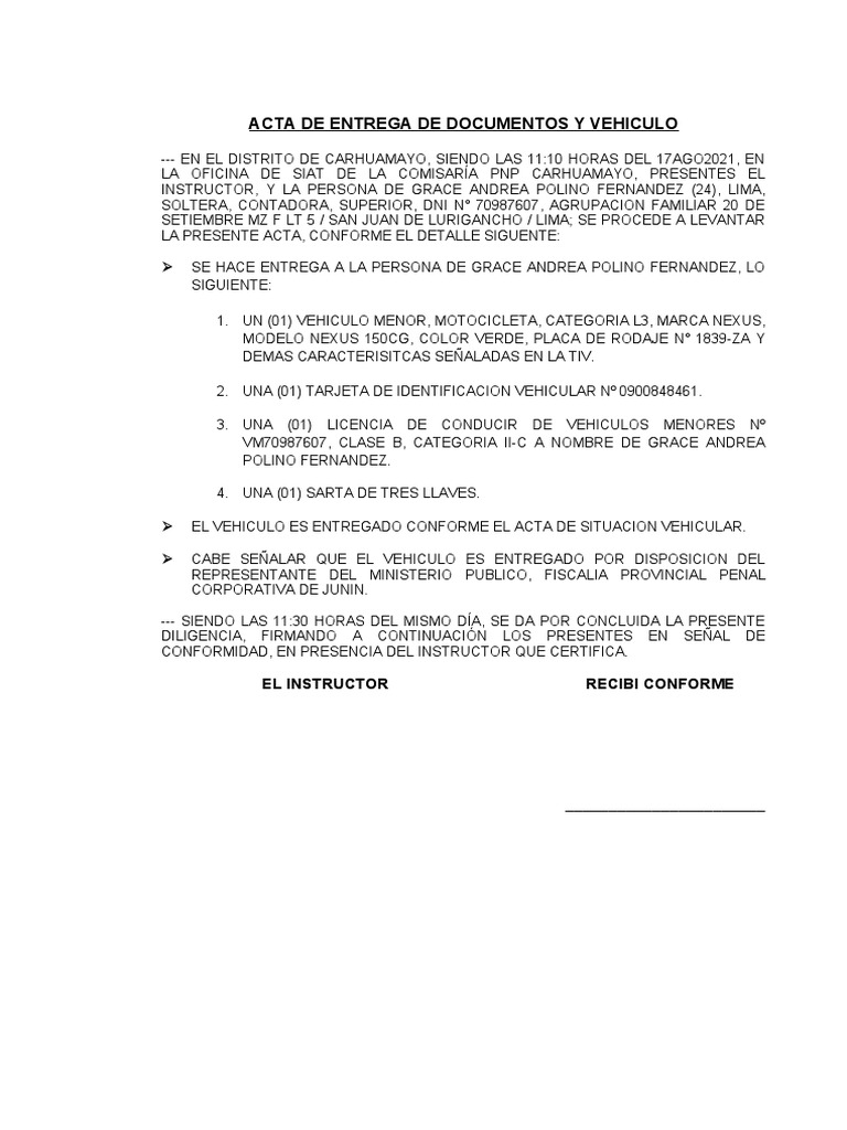 Acta de Entrega de Documentos y Vehiculo | PDF