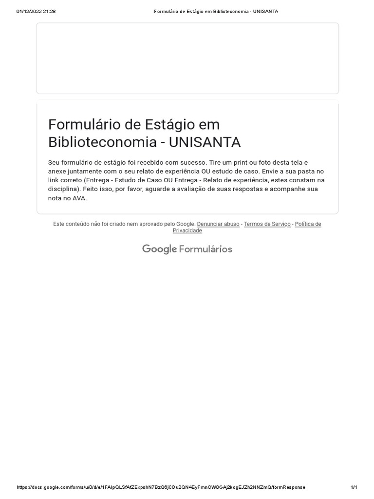 Formulário de Estágio em Biblioteconomia - UNISANTA | PDF