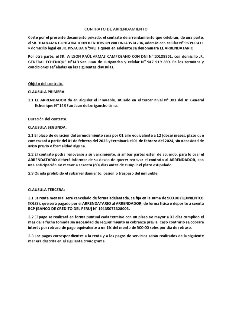 Contrato de arrendamiento de departamento en San Juan de Lurigancho | PDF | Derecho civil ...