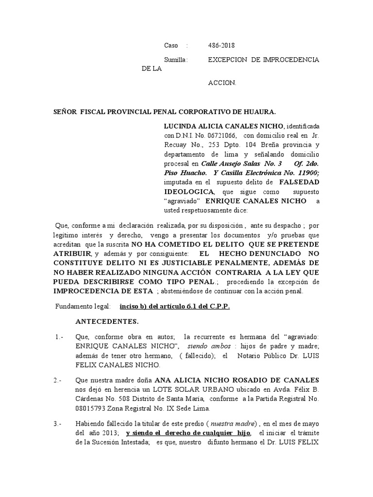 Denuncia - Excepcion | PDF | Ley común | Derecho Civil (Common Law)