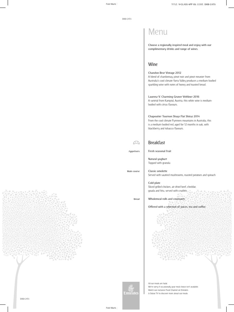 Emirates Premium Economy Meal Menu | PDF | Meal | Drink