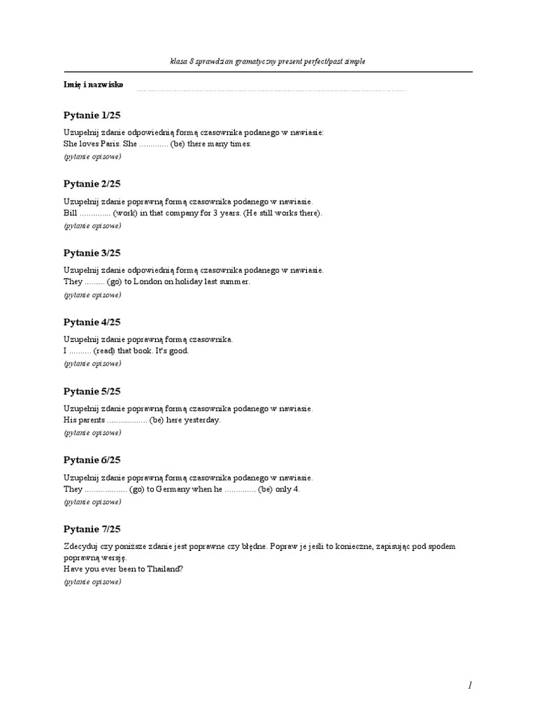 Klasa 8 Sprawdzian Gramatyczny Present Perfect - Past Simple - Pytania ...