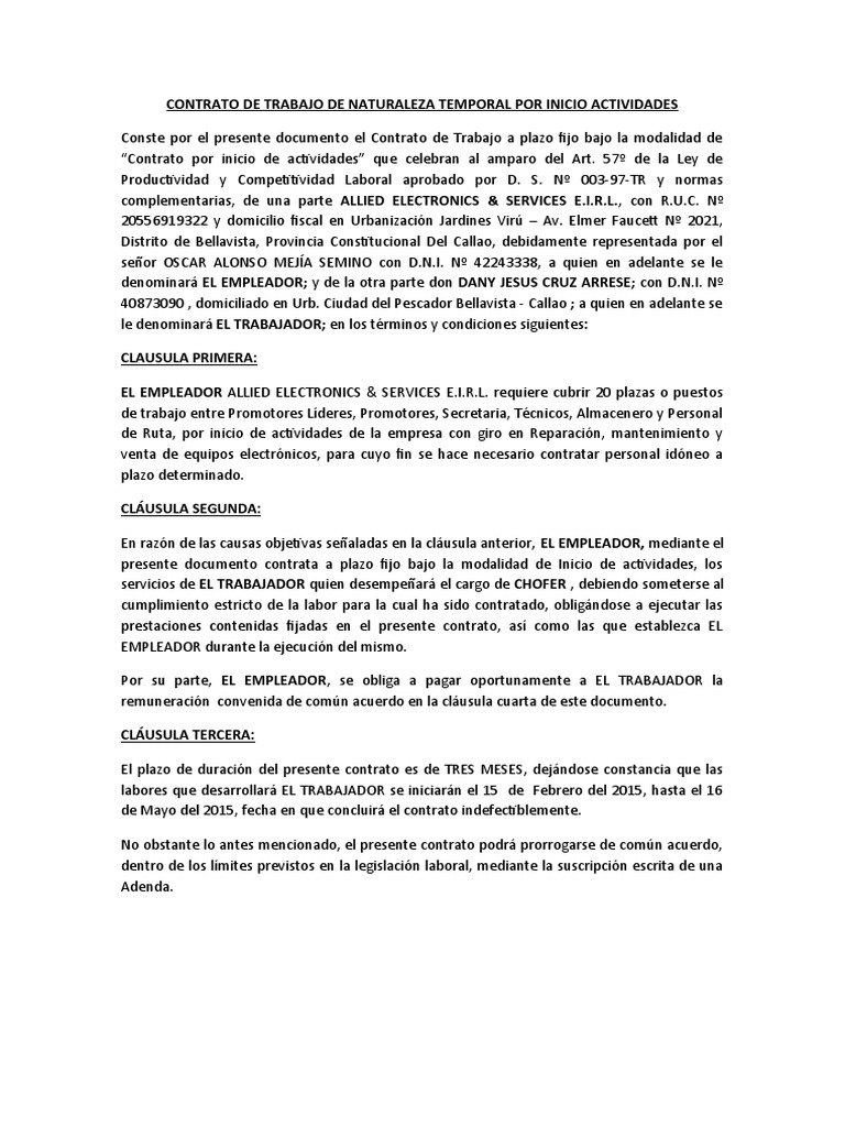 CONTRATO de Trabajo de Naturaleza Temporal Por Inicio Actividades | PDF | Derecho laboral ...