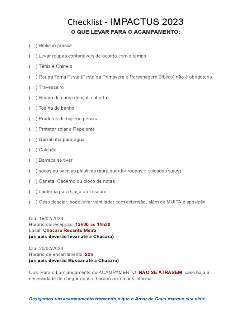 Checklist para Acampamento IMPACTUS 2023 | PDF | Ciências Sociais