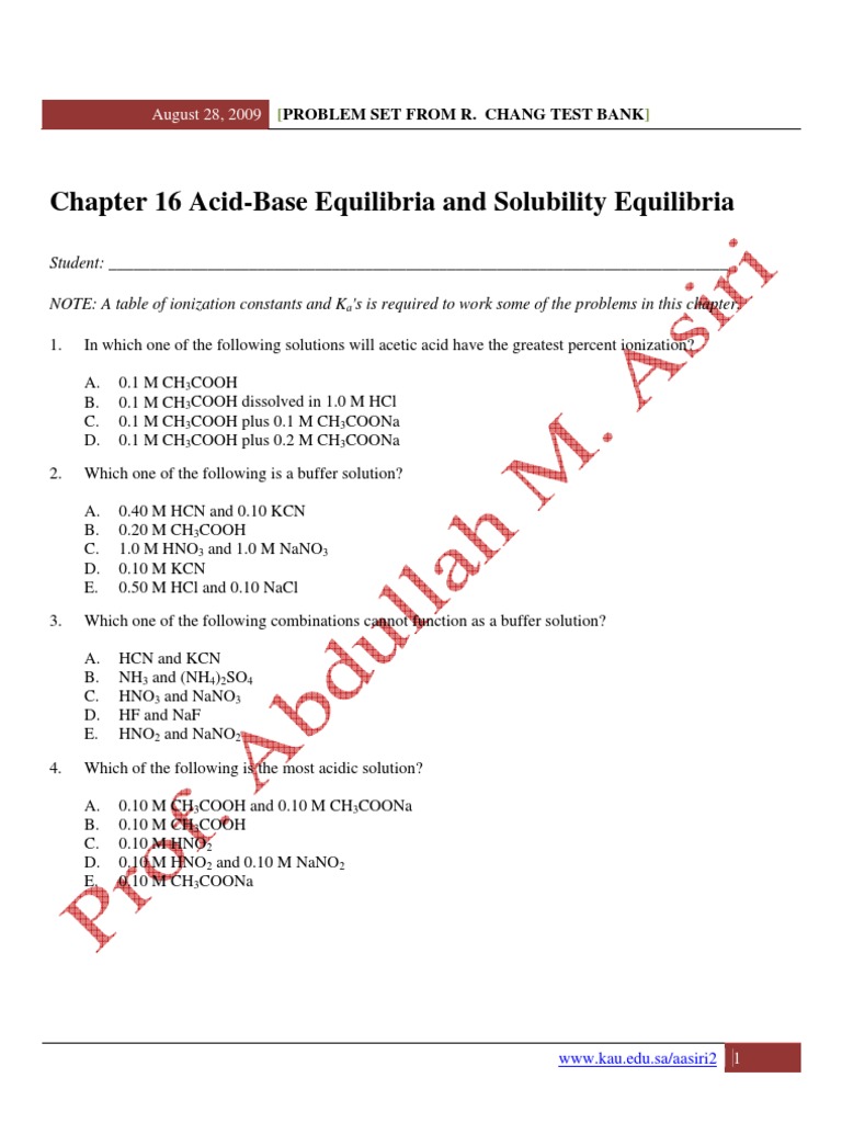 Acid-Base Equilibria Problem Set | PDF | Ph | Buffer Solution