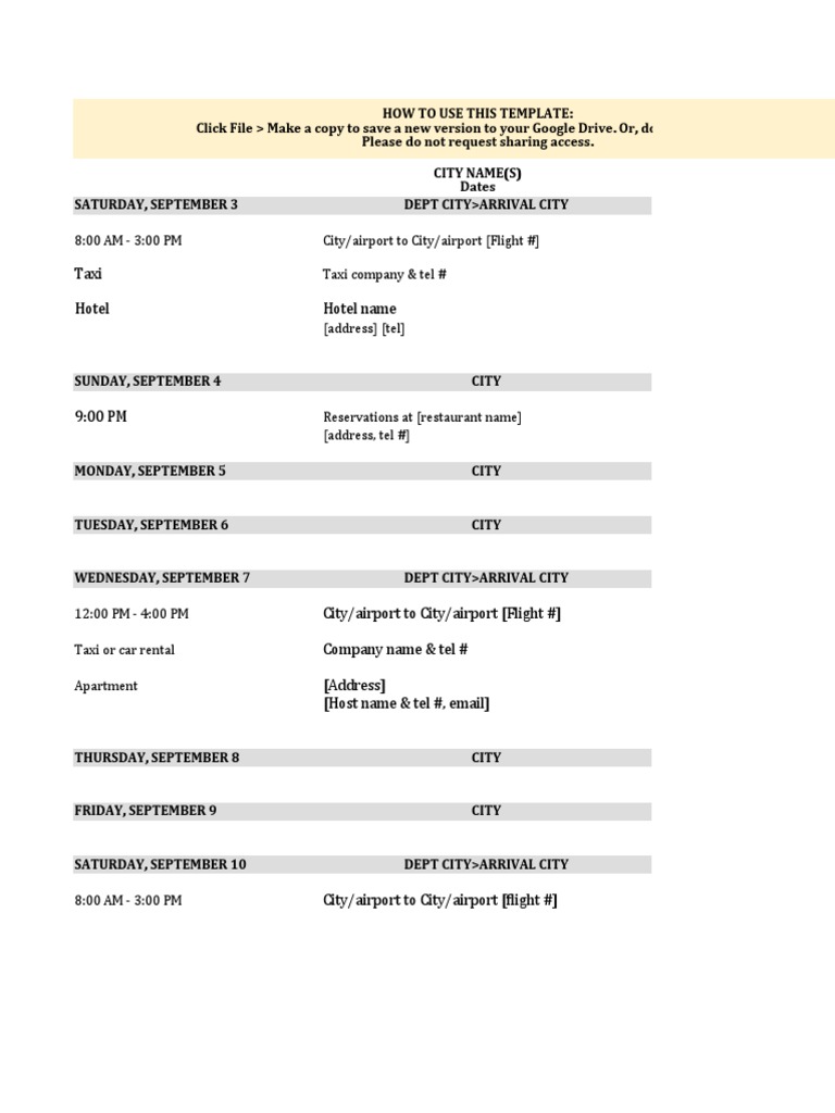 Editable Sample Travel Itinerary Template Excel Format | PDF