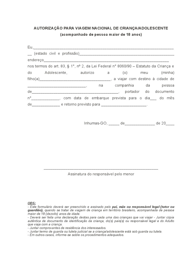 Autorização para Viagem Nacional de Criança | PDF Autorização para Viagem Nacional de Criança | PDF