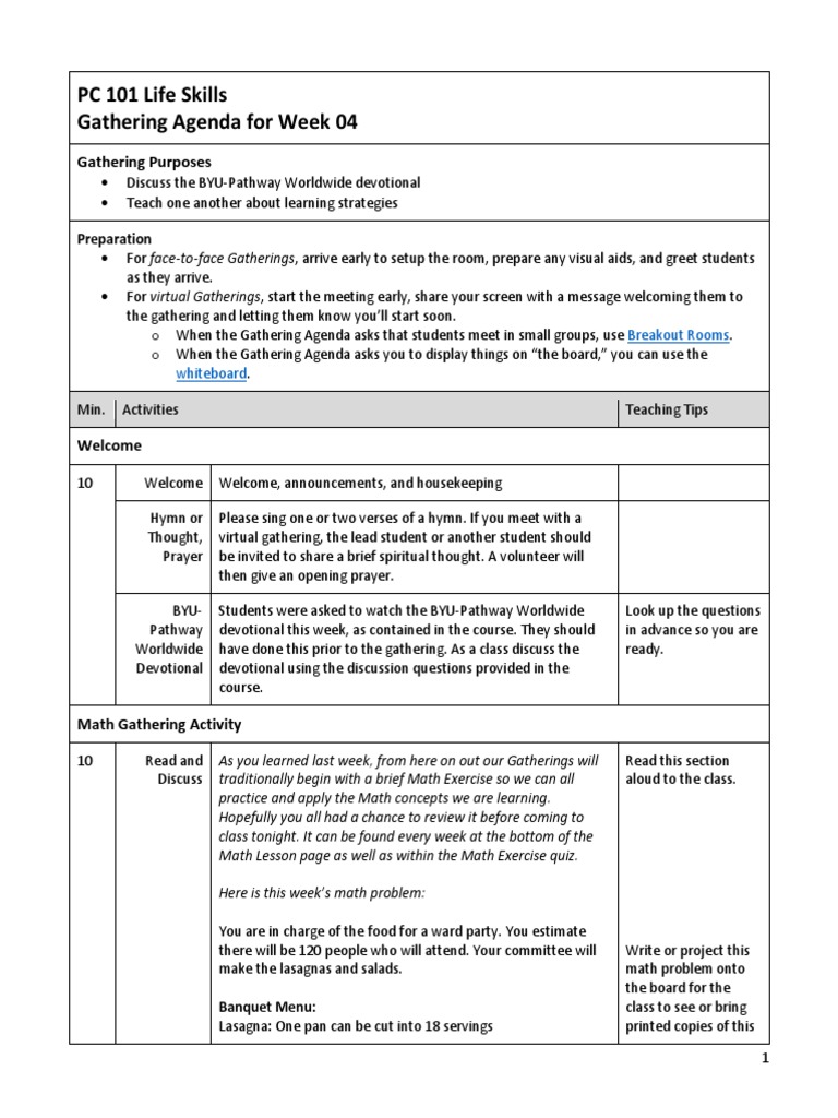 PC101 W04GatheringAgenda | PDF | Revelation | Prayer