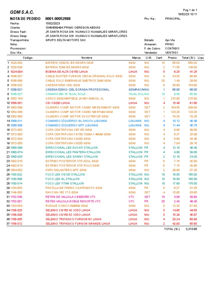 GDM S.A.C.: Nota de Pedido 0001-00052988 | PDF