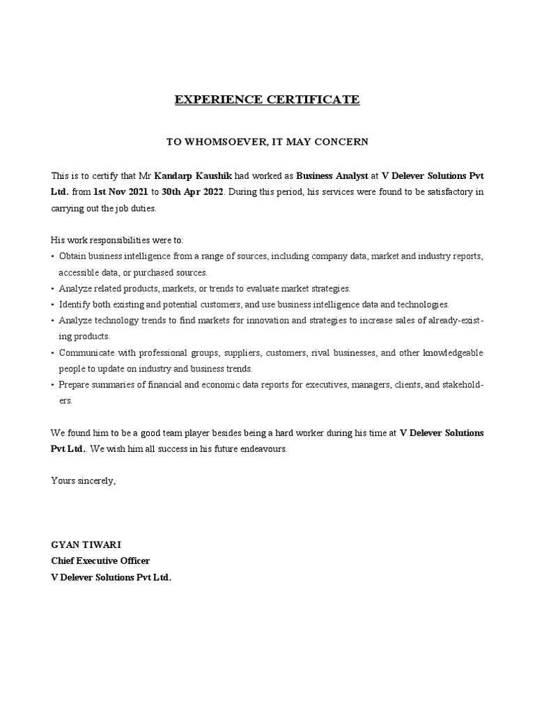 Experience Certificate: To Whomsoever, It May Concern | PDF