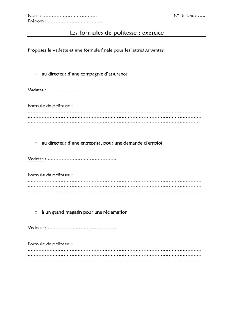 Les Formules de Politesse Exercice | PDF