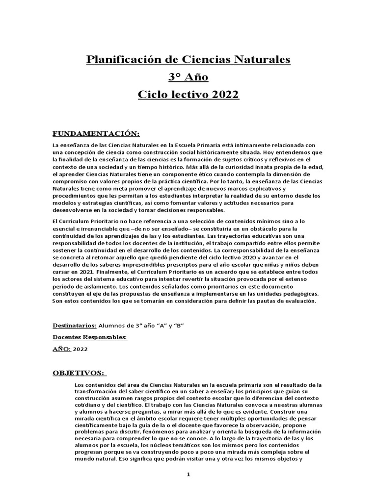 Planificación anual de Ciencias Naturales para 3er año con enfoque en ...