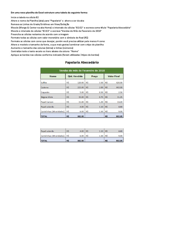 Cópia de Exercícios Excel | PDF | Microsoft Excel | Informática