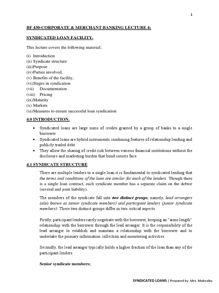 Lecture 4 - Syndicated - Loans | PDF | Syndicated Loan | Loans